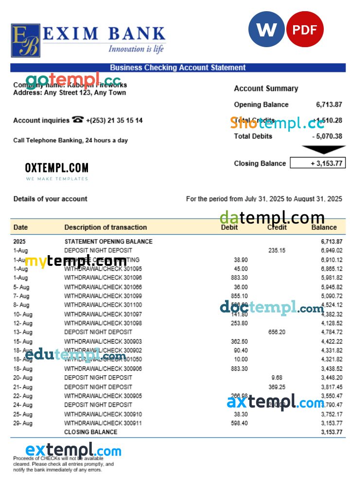 Exim bank business account statement Word and PDF template