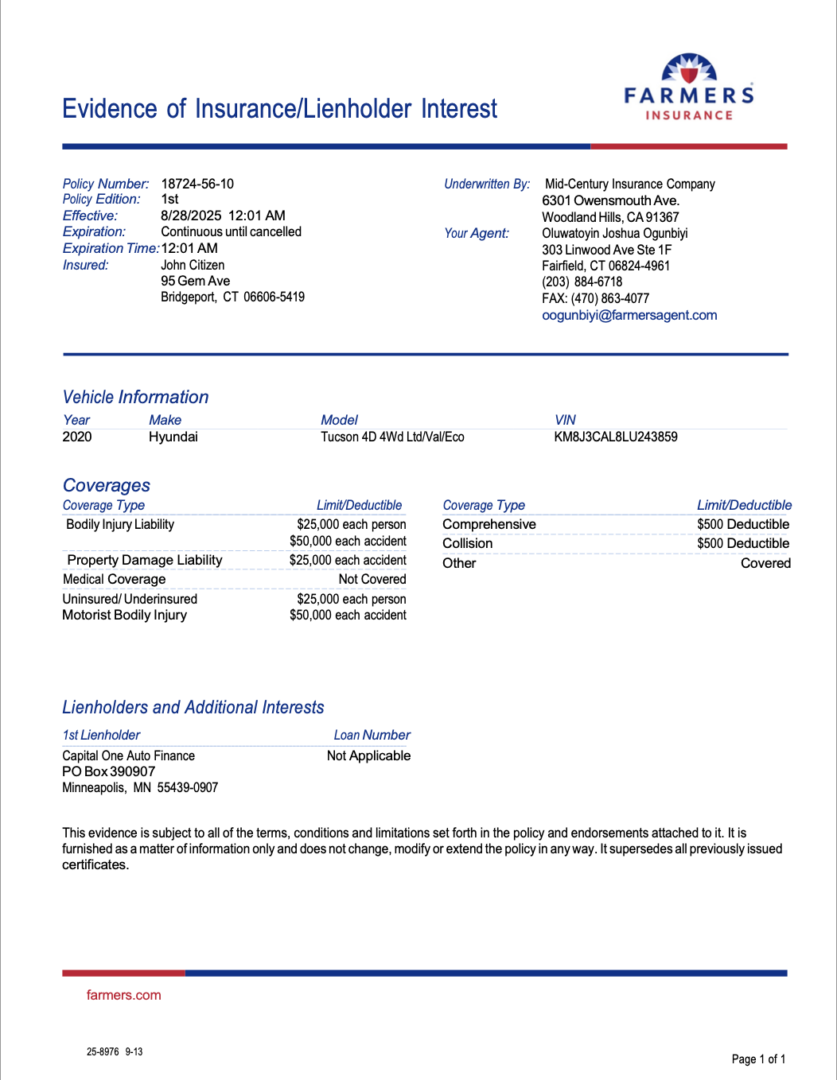 Farmers Insurance USA evidence of insurance Word and PDF template