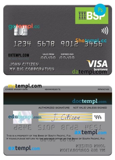 Fiji Bank of South Pacific visa business card template in PSD format