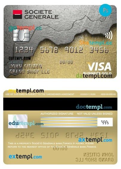 France Société générale bank visa business gold card template in PSD format