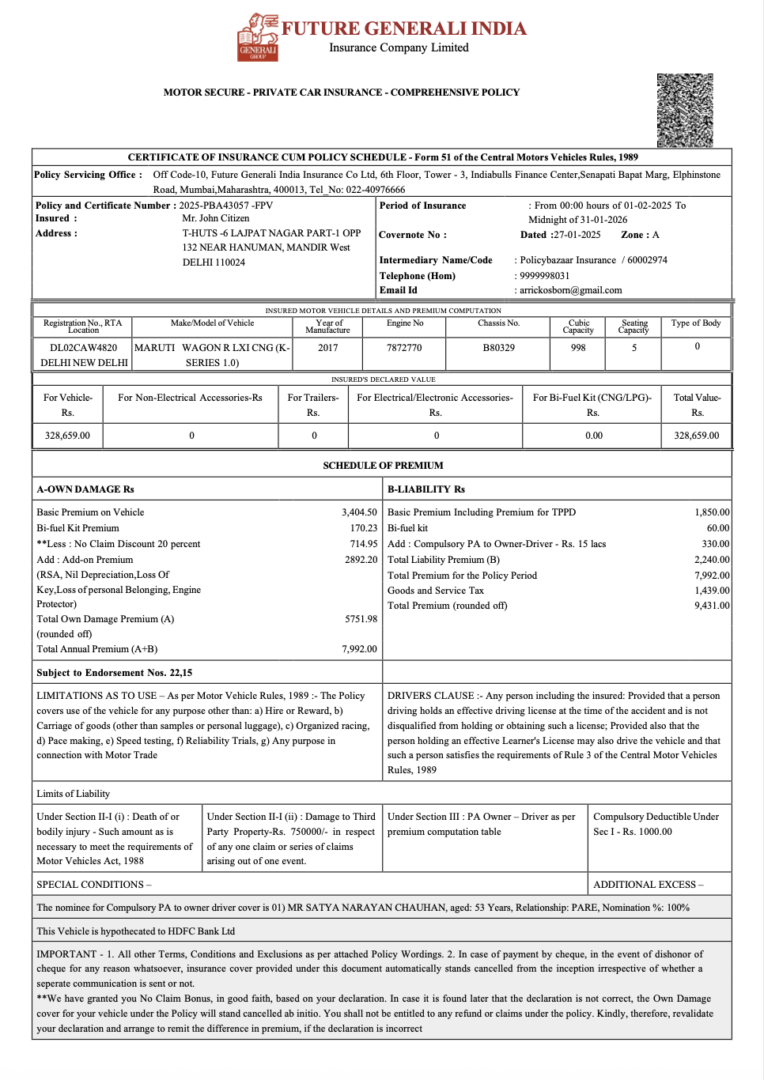 Future Generali India insurance certificate of insurance cum policy ...