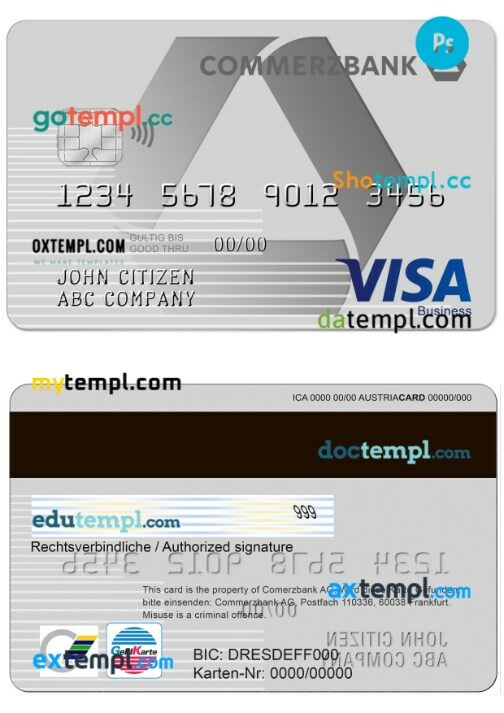 Germany Commerzbank Visa business Card template in PSD format