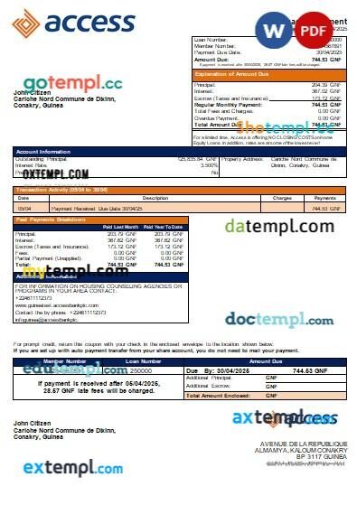 Guinea Access bank bank mortgage statement, editable template in PDF ...