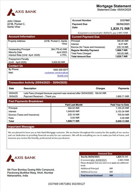India Axis Bank mortgage statement Word and PDF template