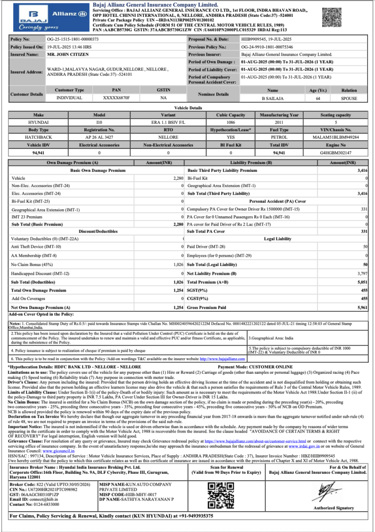 India Bajaj Allianz General Insurance private car package policy Word ...