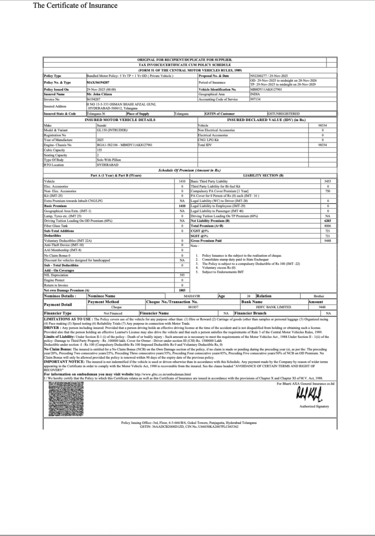 India Bharti AXA General Insurance certificate cum policy schedule Word ...