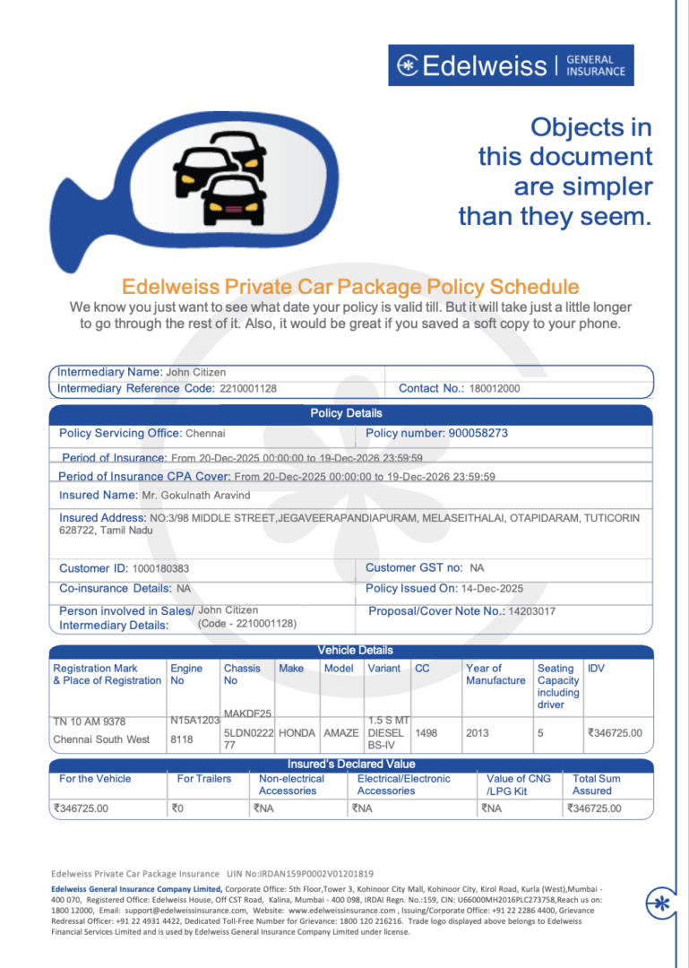 India Edelweiss General Insurance private car package policy schedule ...