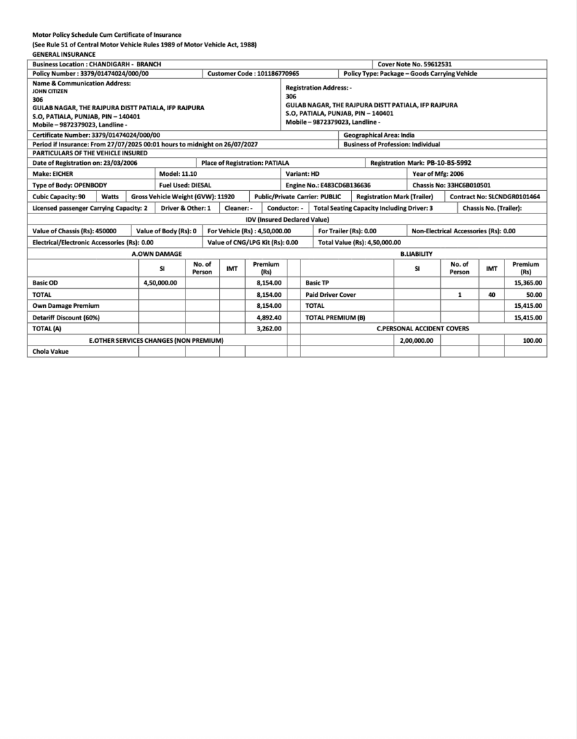 India General Insurance motor policy schedule cum certificate of ...