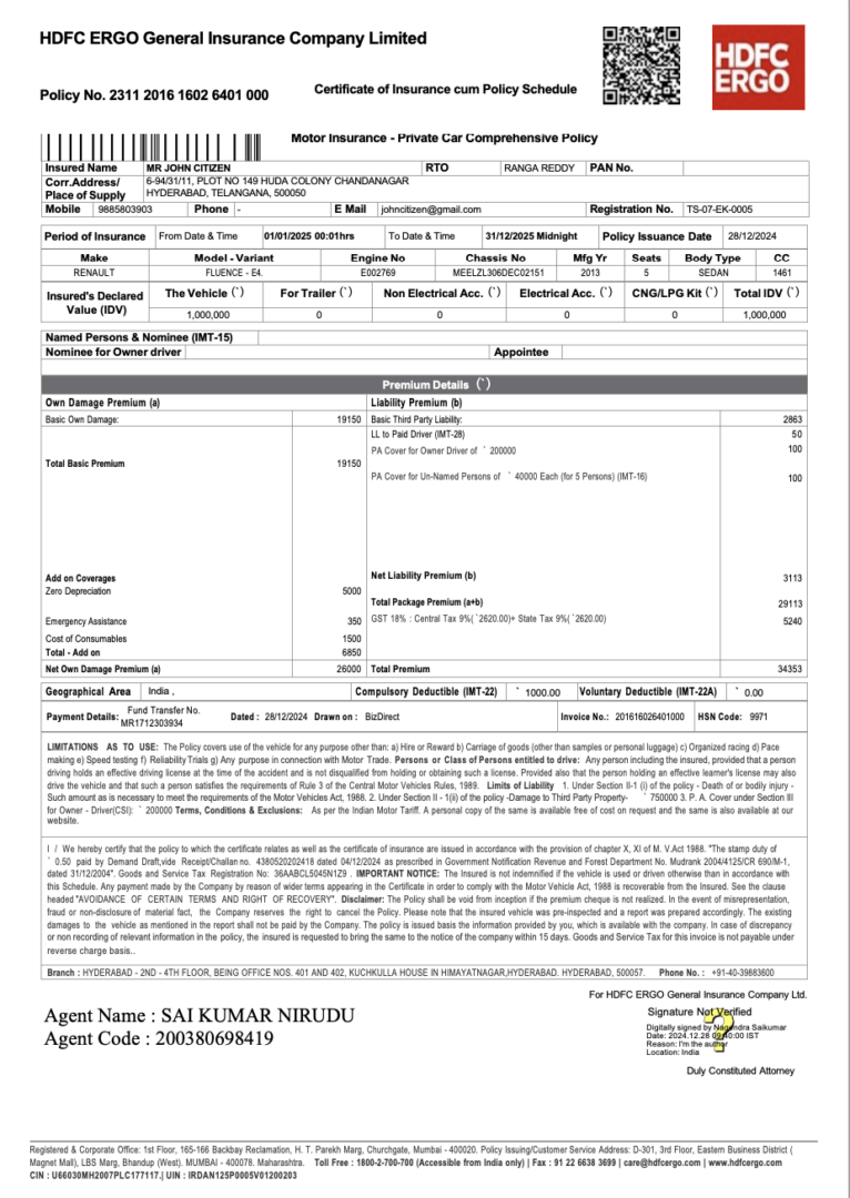 India HDFC ERGO General Insurance Company certificate of insurance cum ...