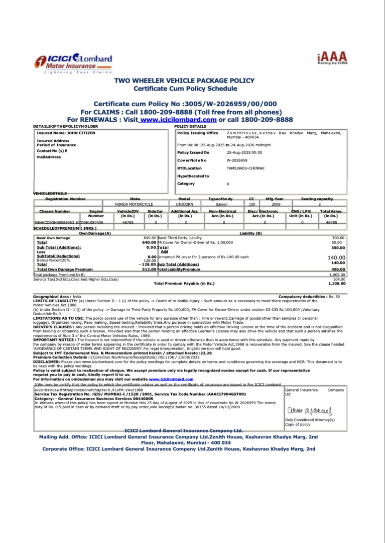 India ICICI Lombard General Insurance Company certificate cum policy ...