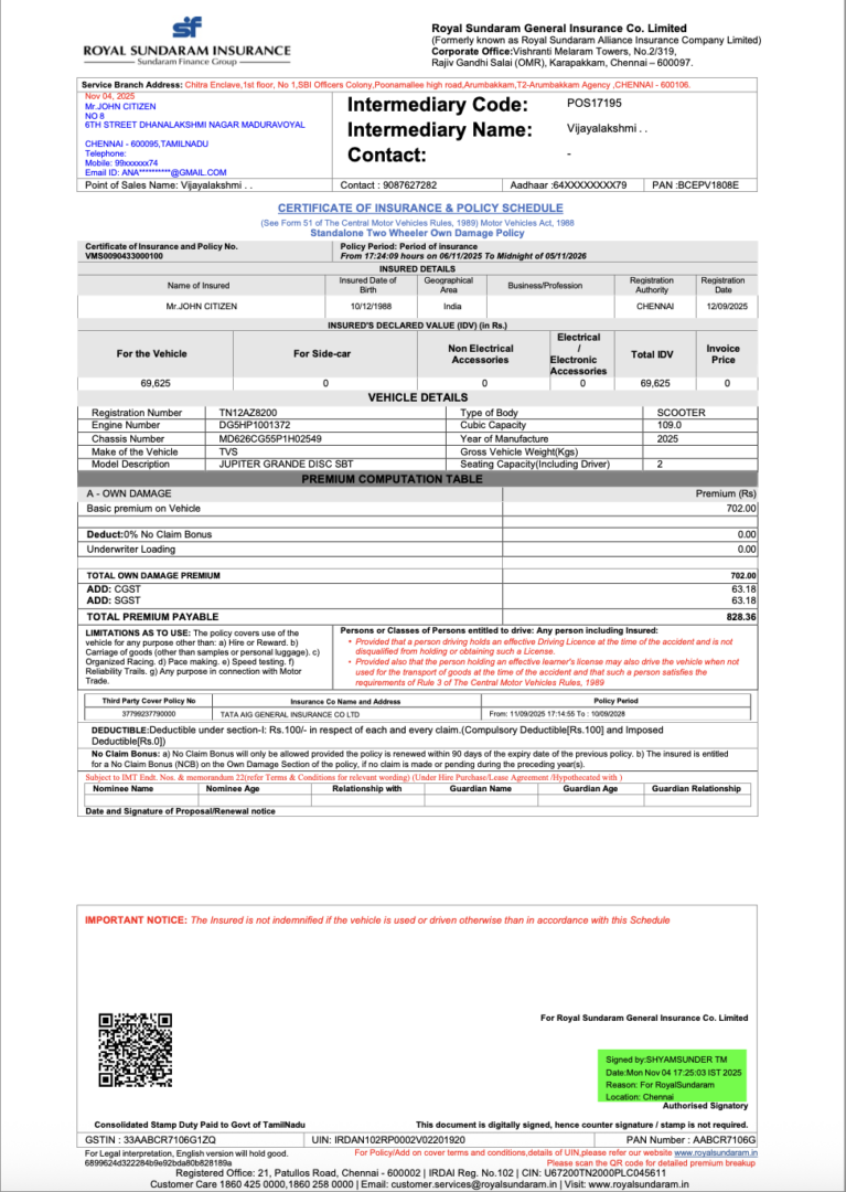 India Royal Sundaram General Insurance certificate of insurance ...