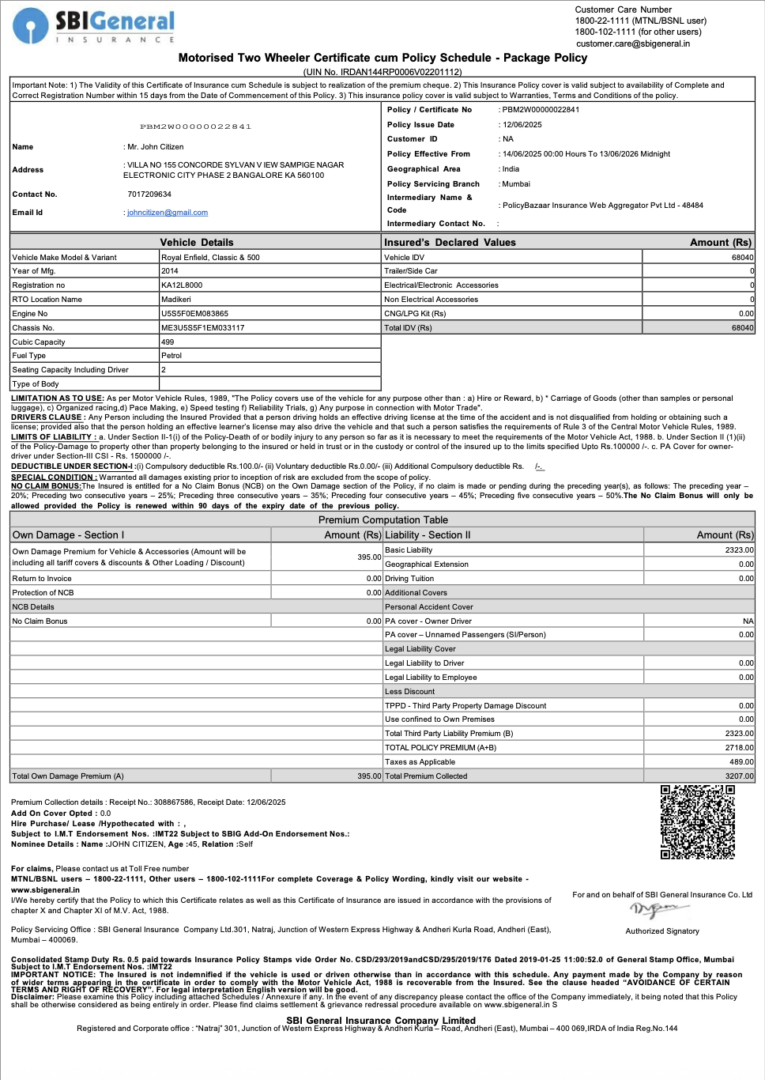 India SBI General Insurance motorised two wheeler certificate cum ...