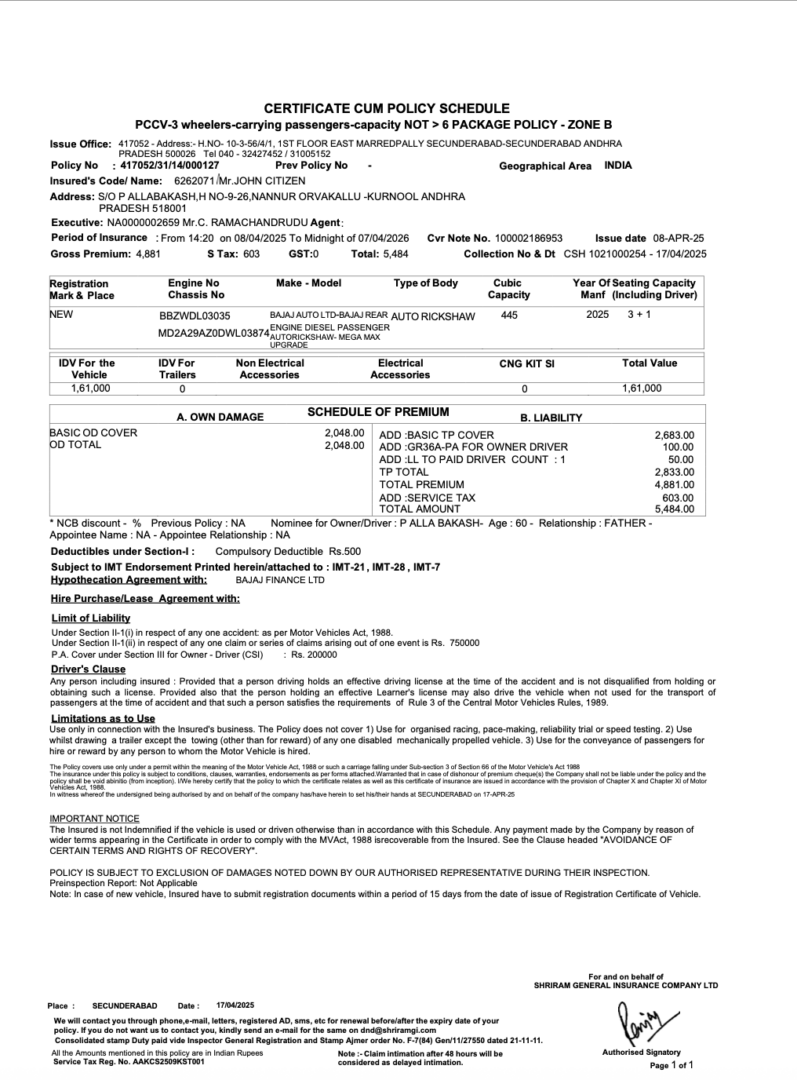 India Shriram General Insurance certificate cum policy schedule Word ...