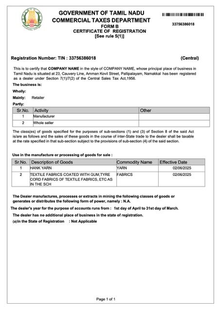 India Tamil Nadu certificate of registration Word and PDF template