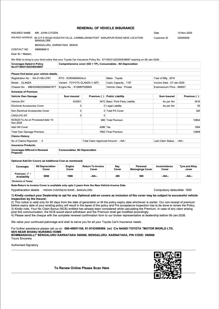 India Toyota Car Insurance renewal of vehicle insurance Word and PDF ...