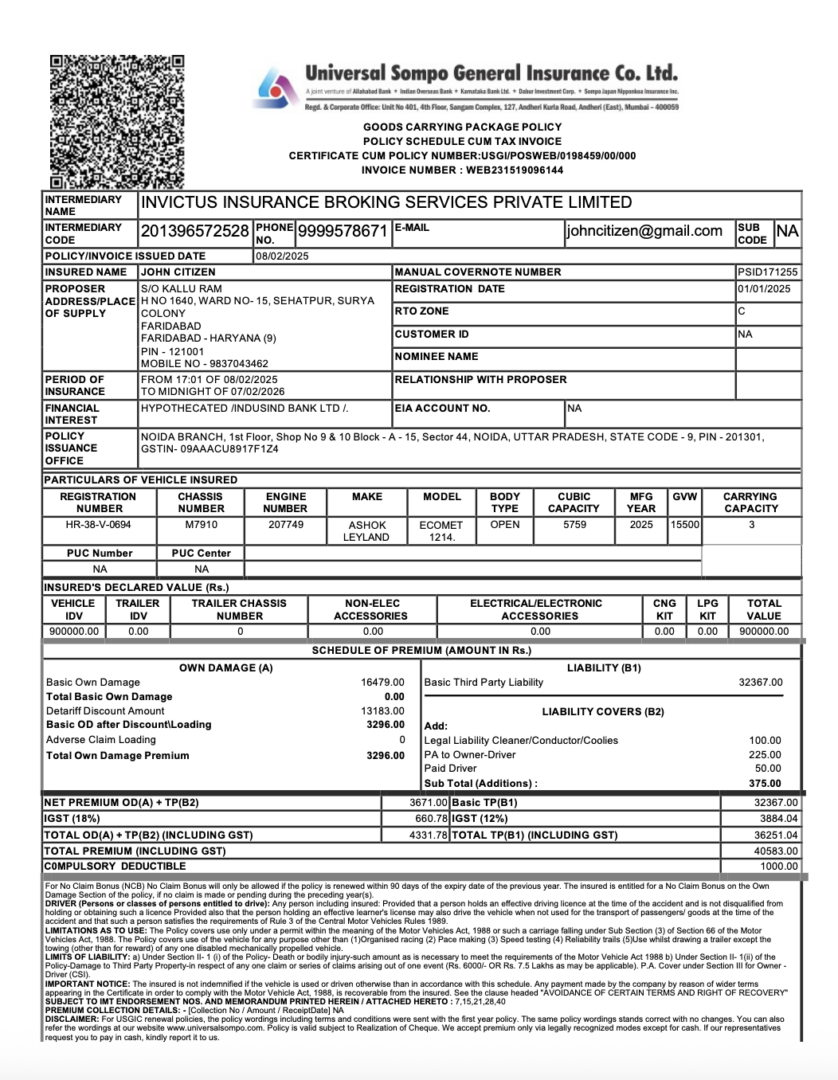 India Universal Sompo General Insurance certificate cum policy Word and ...