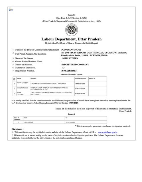 India Uttar Pradesh registration certificate of shop or commercial ...
