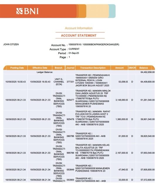Indonesia BNI Bank account statement Word and PDF template