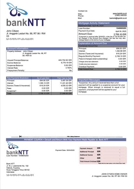 Indonesia Bank NTT mortgage statement Word and PDF template