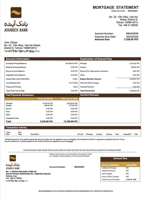 Iran Ayandeh Bank mortgage statement Word and PDF template