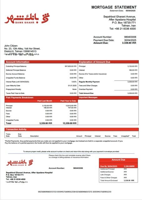Iran Bank Shahr mortgage statement Word and PDF template