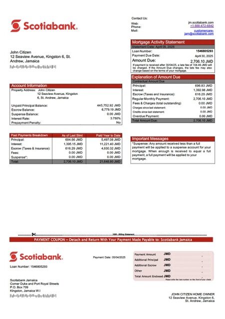 Jamaica Scotiabank mortgage statement Word and PDF template