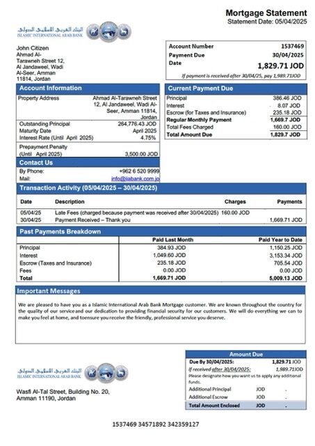 Jordan Islamic International Arab Bank mortgage statement Word and PDF ...
