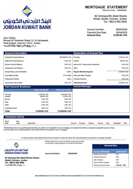 Jordan Kuwait Bank mortgage statement Word and PDF template