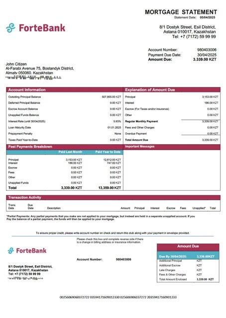 Kazakhstan ForteBank mortgage statement Word and PDF template