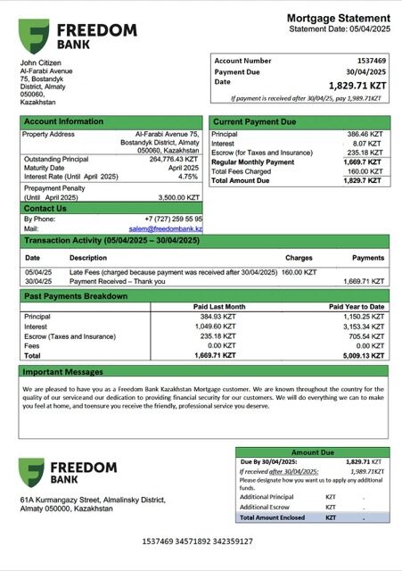 Kazakhstan Freedom Bank Kazakhstan mortgage statement Word and PDF template