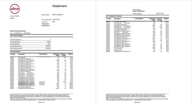 Kenya Absa bank statement Word and PDF template, 2 pages