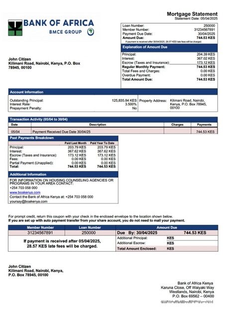 Kenya Bank of Africa Kenya mortgage statement Word and PDF template