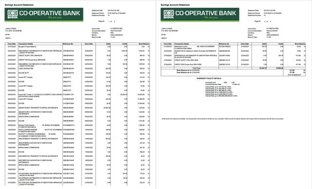 Kenya Co-operative Bank account statement Word and PDF template, 2 pages