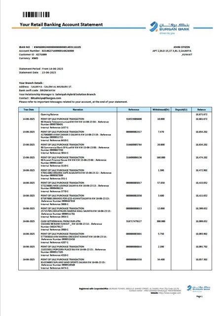 Kuwait Burgan Bank retail account statement Word and PDF template