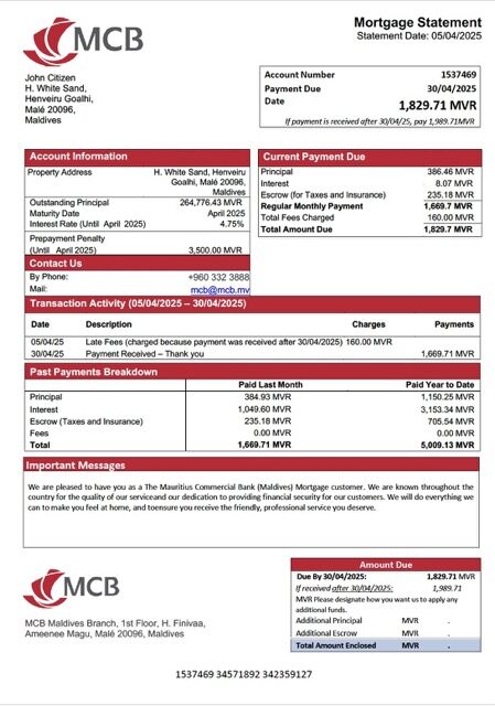 Maldives The Mauritius Commercial Bank (Maldives) mortgage statement Word and PDF template