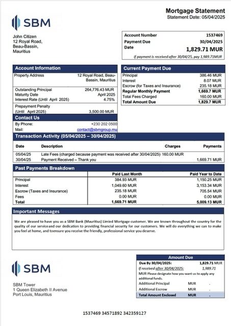 Mauritius SBM Bank (Mauritius) Limited mortgage statement Word and PDF ...