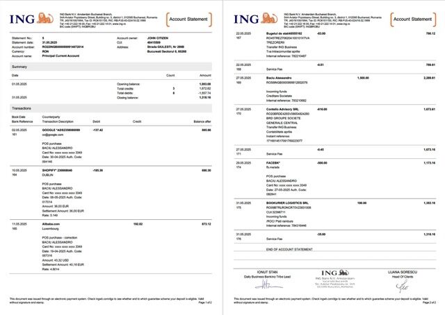 Netherlands ING Bank account statement Word and PDF template, 2 pages