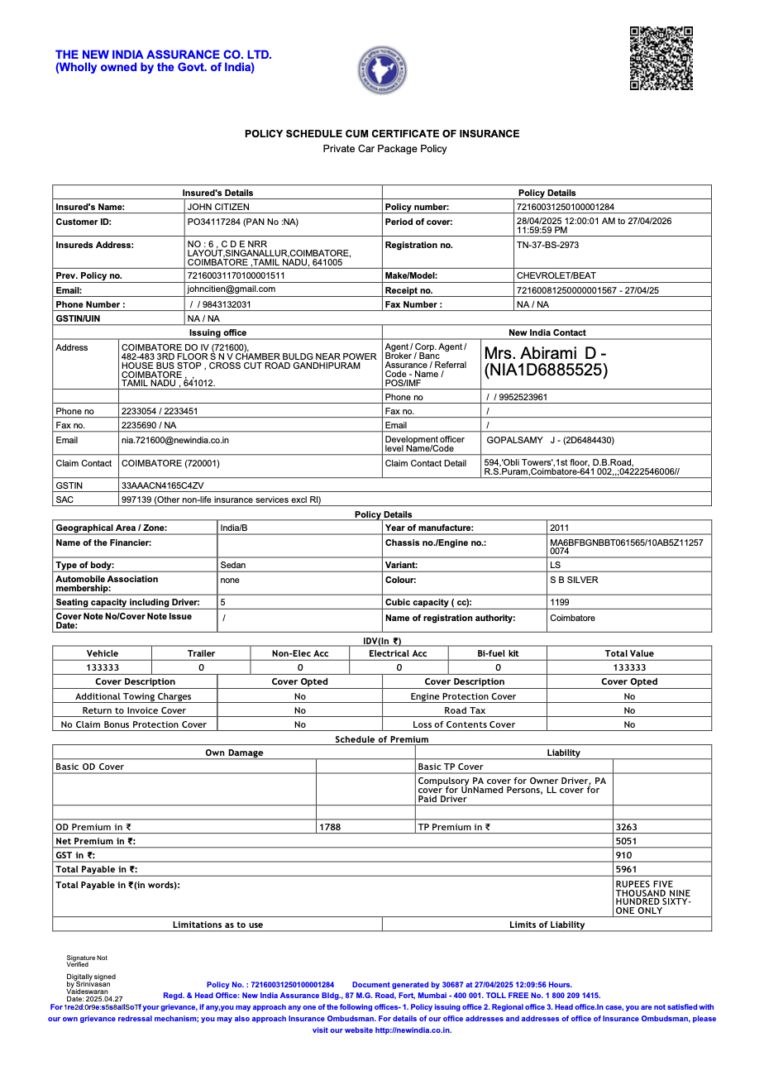 New India Assurance Policy Schedule Cum Vehicle certificate of ...