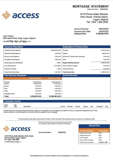 Nigeria Access Bank mortgage statement Word and PDF template