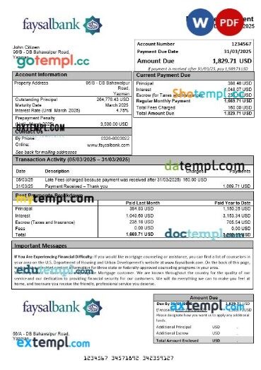 Pakistan Faysal mortgage statement in Word and PDF formats