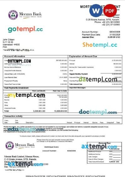 Pakistan Meezan mortgage statement in Word and PDF formats