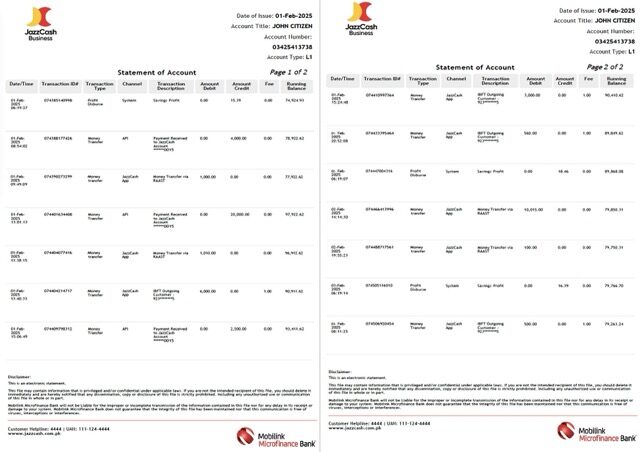 Pakistan Mobilink Microfinance Bank statement of account Word and PDF ...