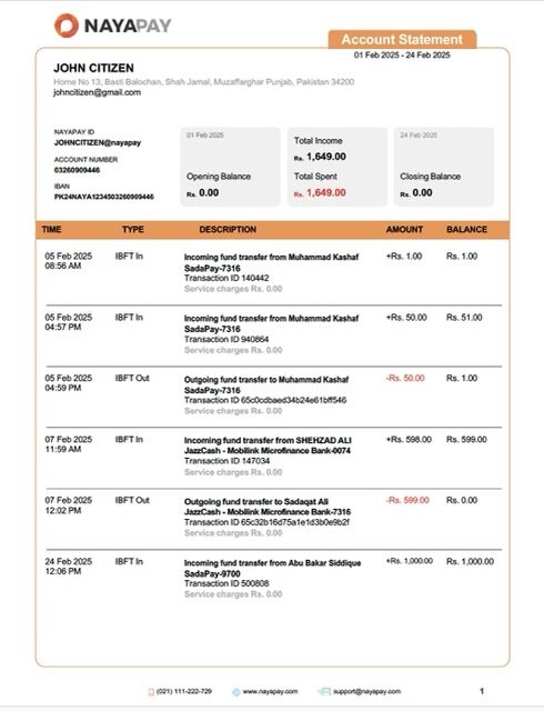Pakistan NayaPay account statement Word and PDF template