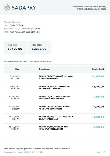 Pakistan SadaPay account statement Word and PDF template