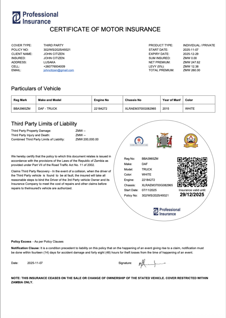 Professional Insurance Lusaka certificate of motor insurance Word and ...