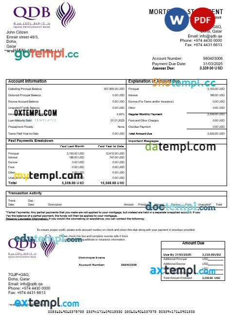 Qatar Development bank mortgage statement in Word and PDF formats