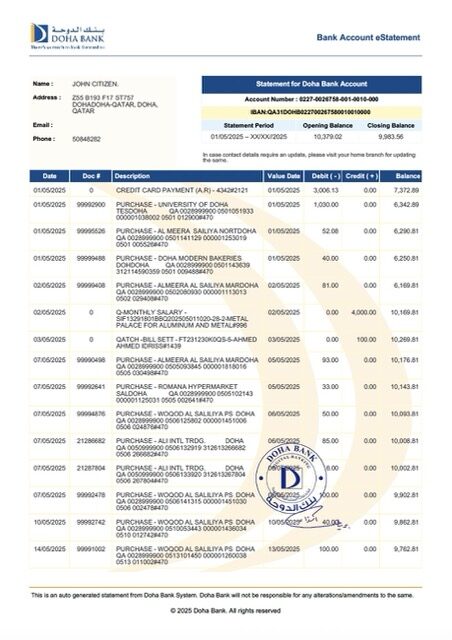 Qatar Doha Bank account e-statement Word and PDF template