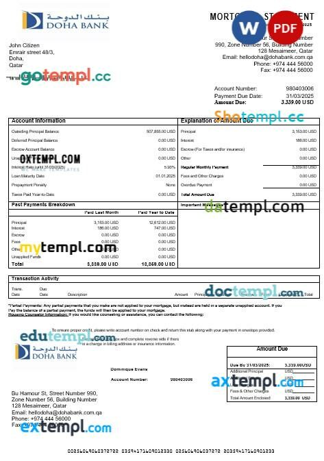 Qatar Doha bank mortgage statement in Word and PDF formats