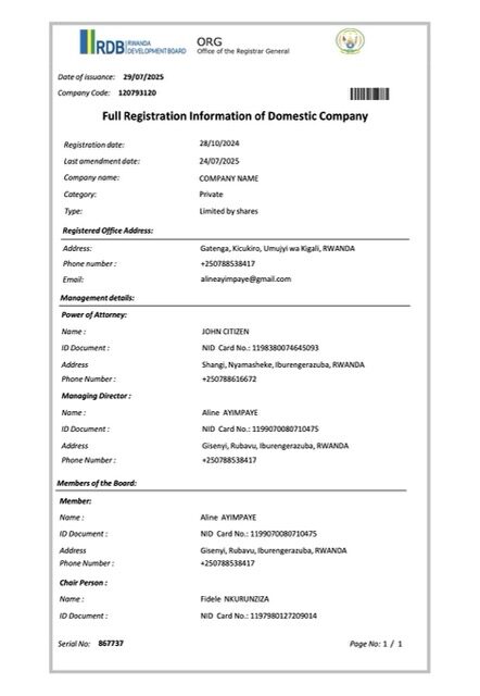 Rwanda full registration information of domestic company Word and PDF ...