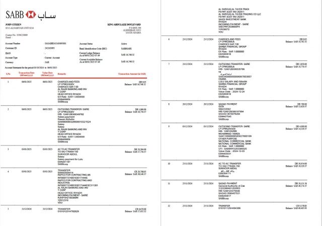 Saudi Arabia SABB Bank statement Word and PDF template, 2 pages